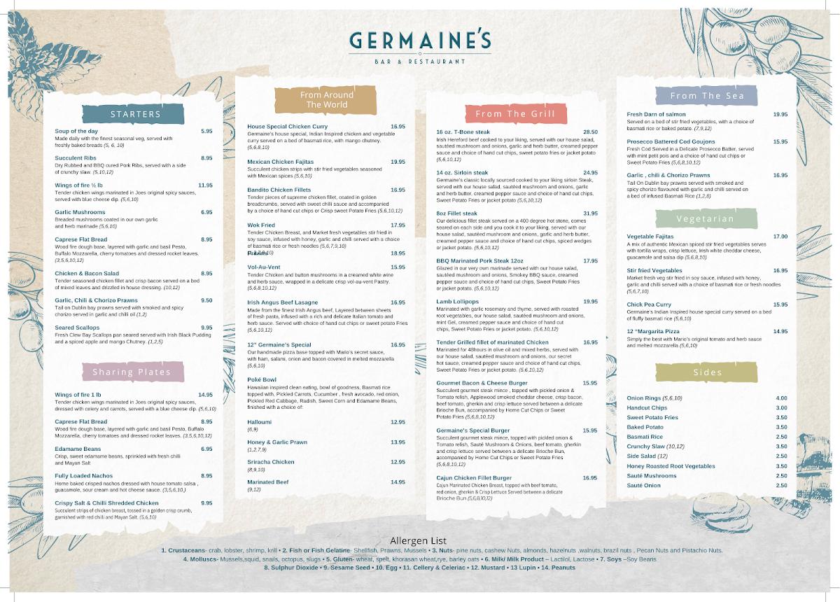 Menu at Germaines restaurant, Baltinglass