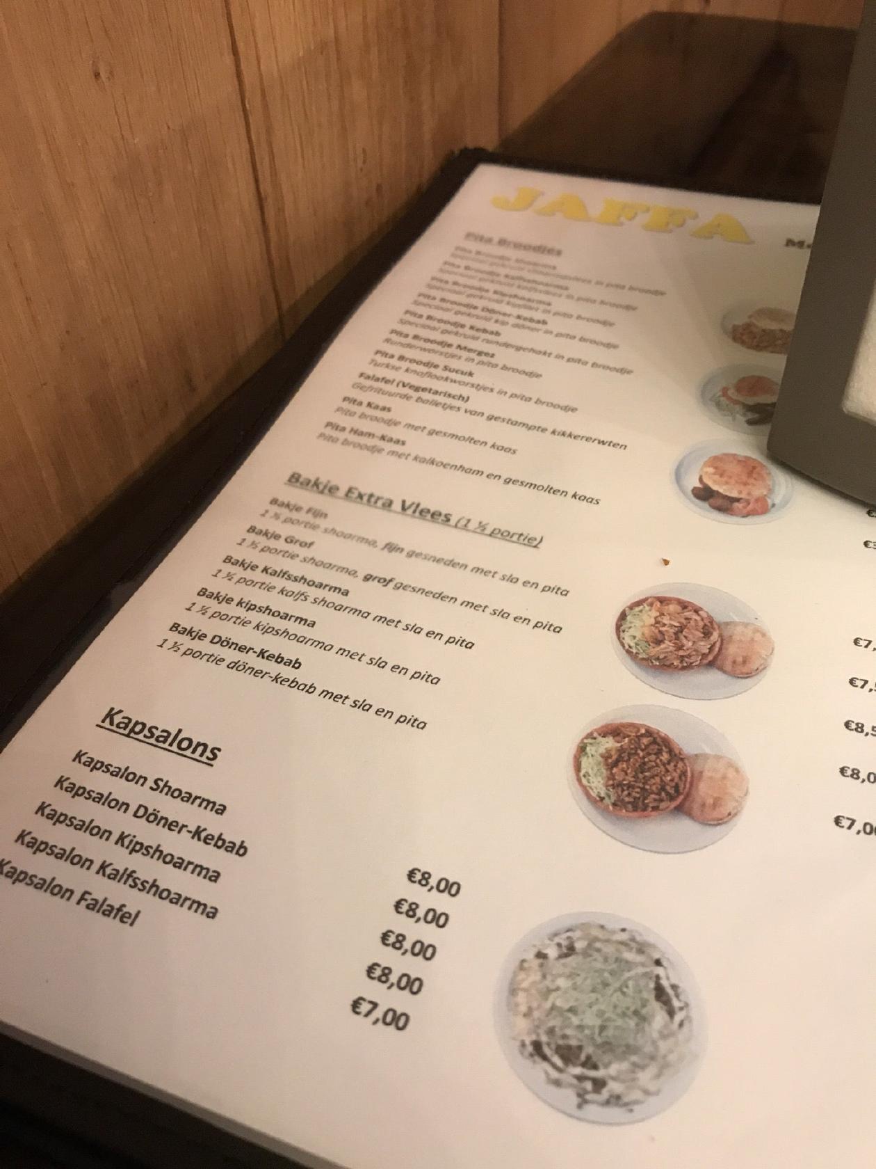 Menu at Jaffa Shoarma, Rotterdam