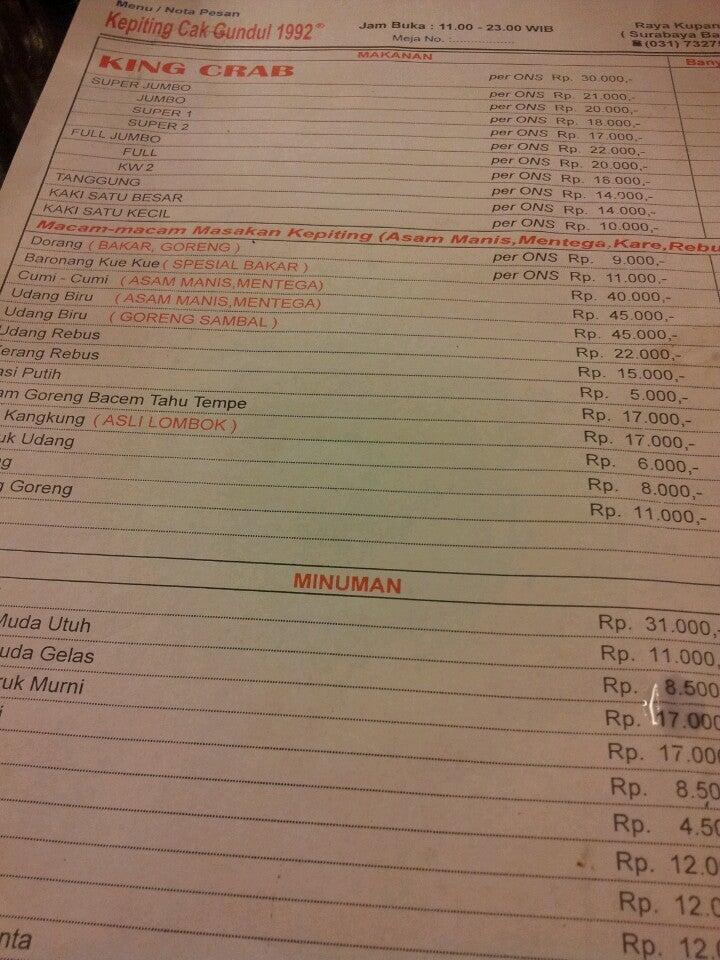 Menu at Kepiting Cak Gundul 1992 restaurant, Surabaya, C-D