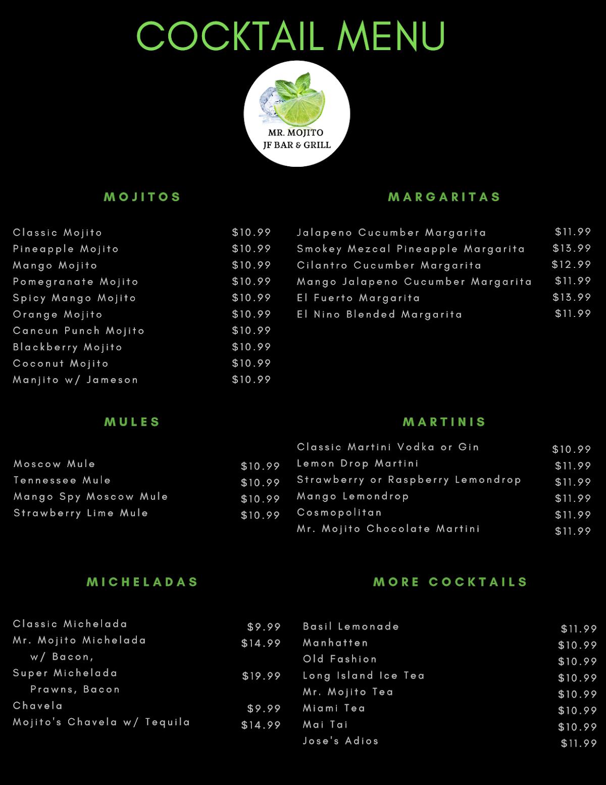Menu at Mr. Mojito JF Bar & Grill, San Jose