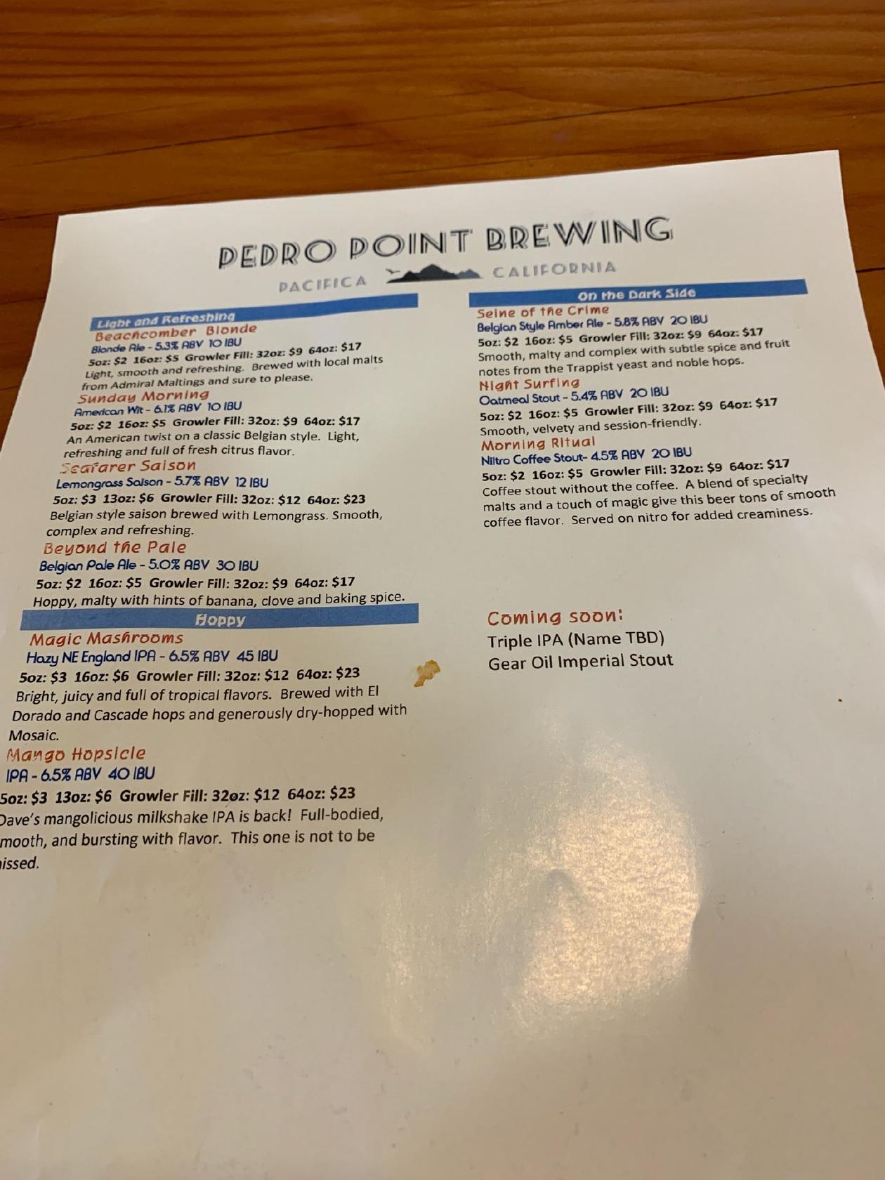 Menu at Pedro Point Brewing pub & bar, Pacifica