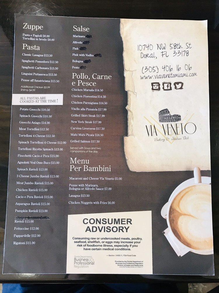 Menu at Via Veneto Bakery & Italian Deli, Doral