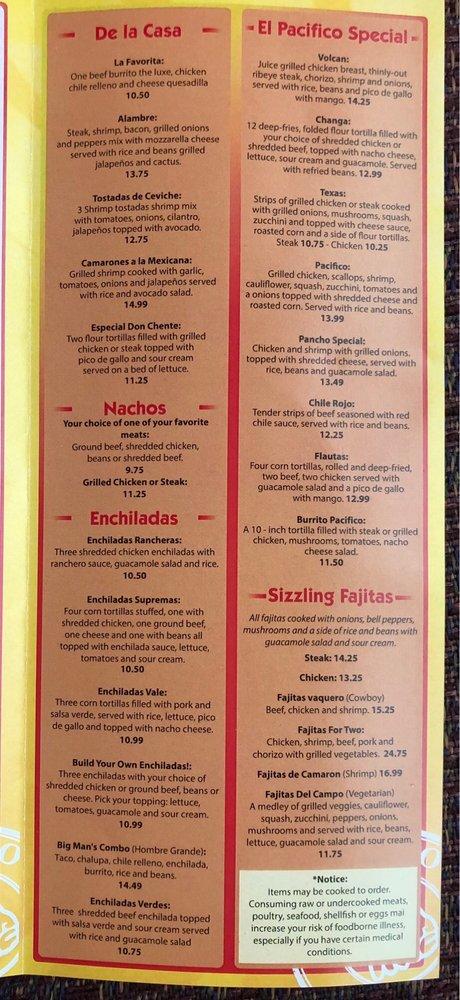 Menu at El Pacifico restaurant, Robbinsville