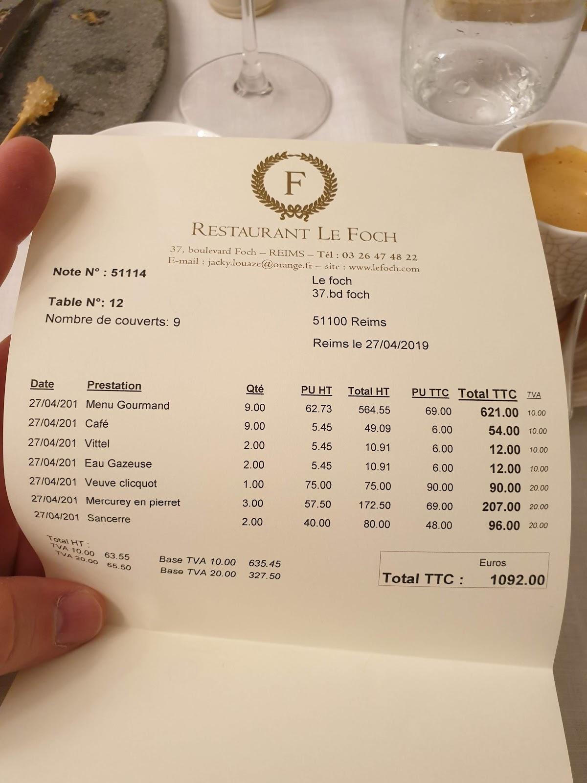 Carta del restaurante Le Foch, Reims