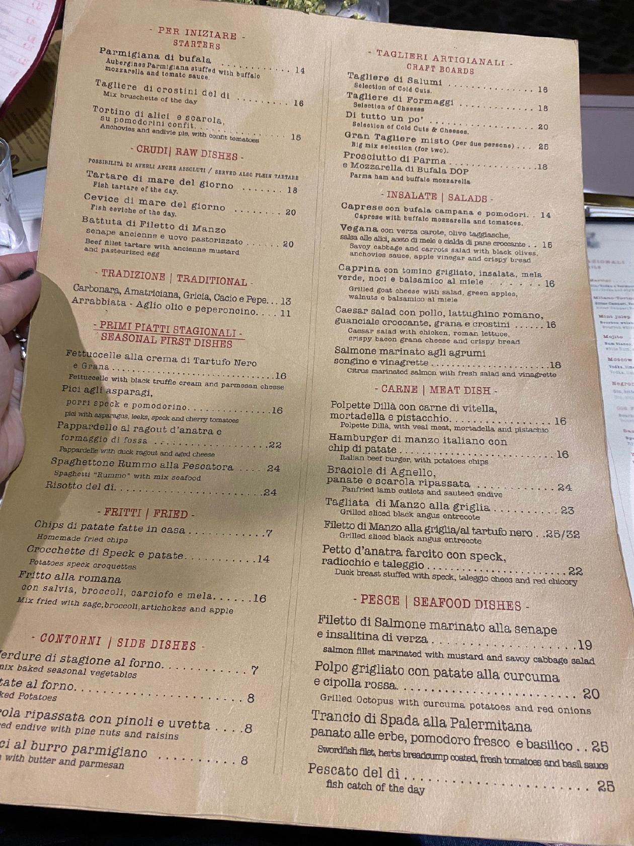 Menu at Ristorante Dillà, Rome