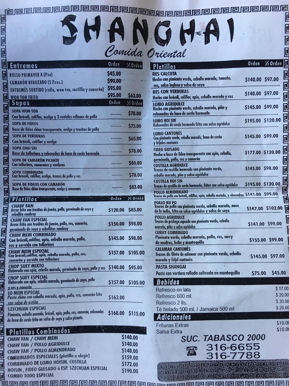 Carta del restaurante SHANGHAI, Villahermosa, Av Paseo Usumacinta 1110