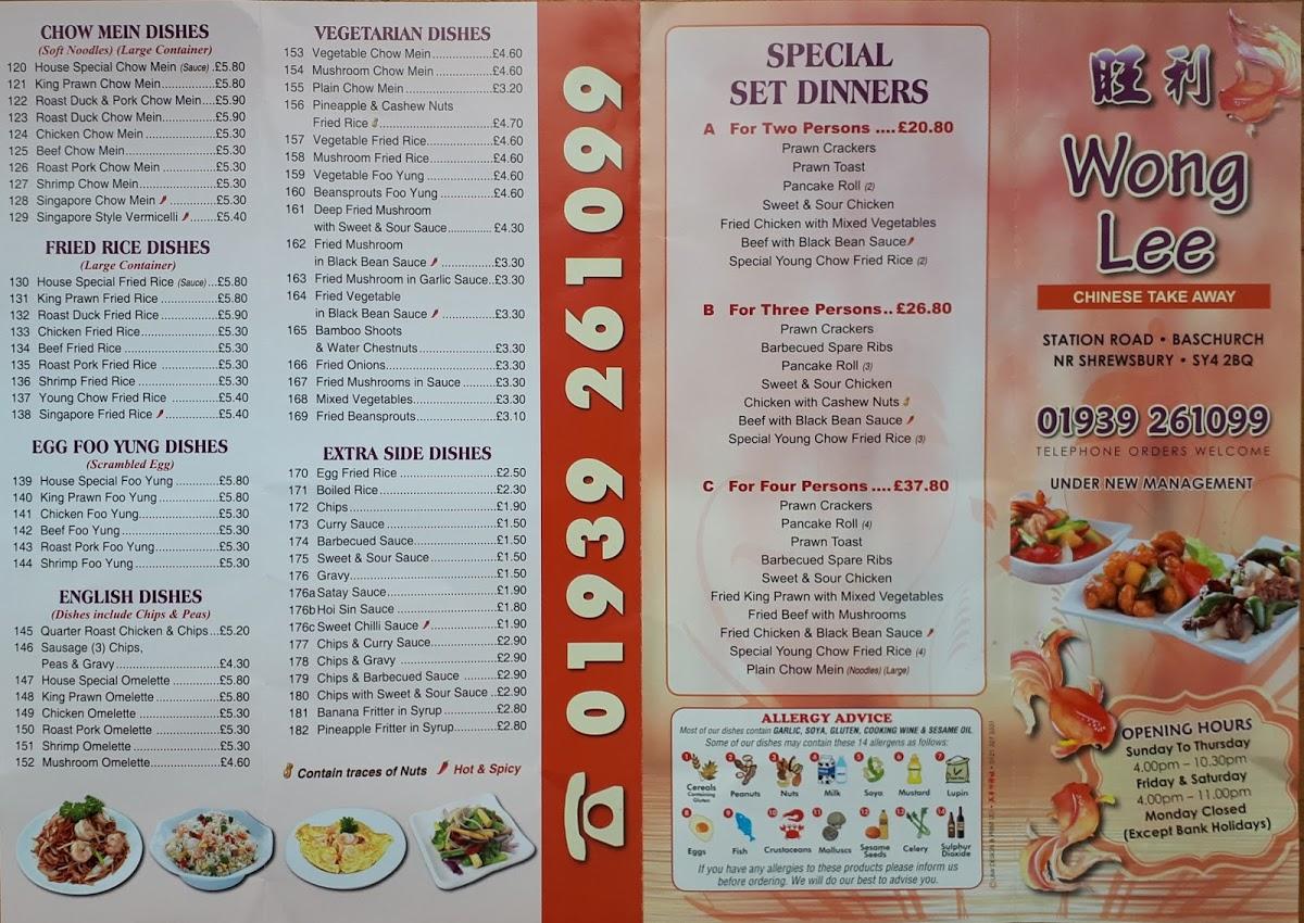 Menu at Wong Lee Chinese Take Away fast food, Baschurch