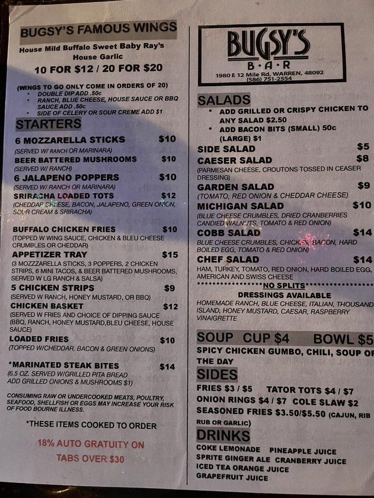 Menu at Bugsy's Bar & Grill, Warren