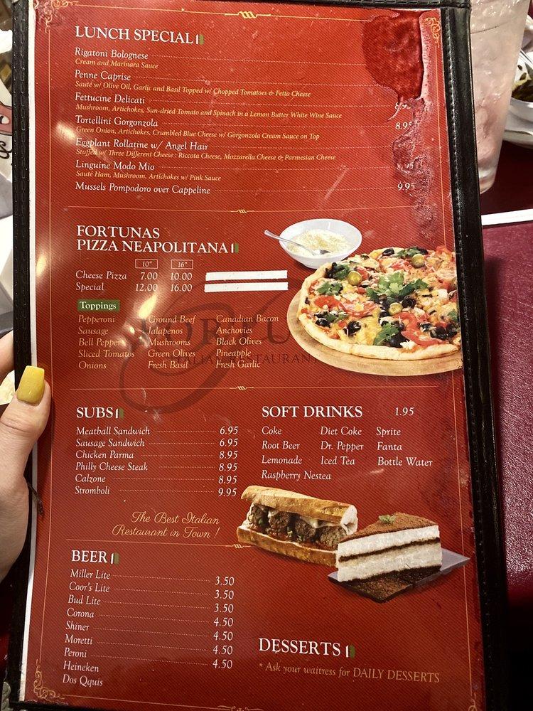 Menu at Fortuna Italian Restaurant, Fort Worth