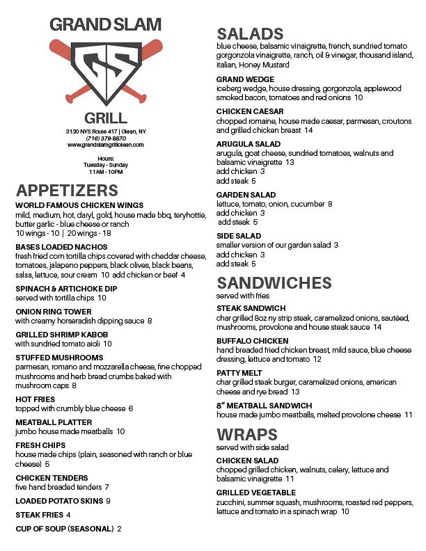 Menu at Grand Slam Grill pub & bar, Olean, W State St