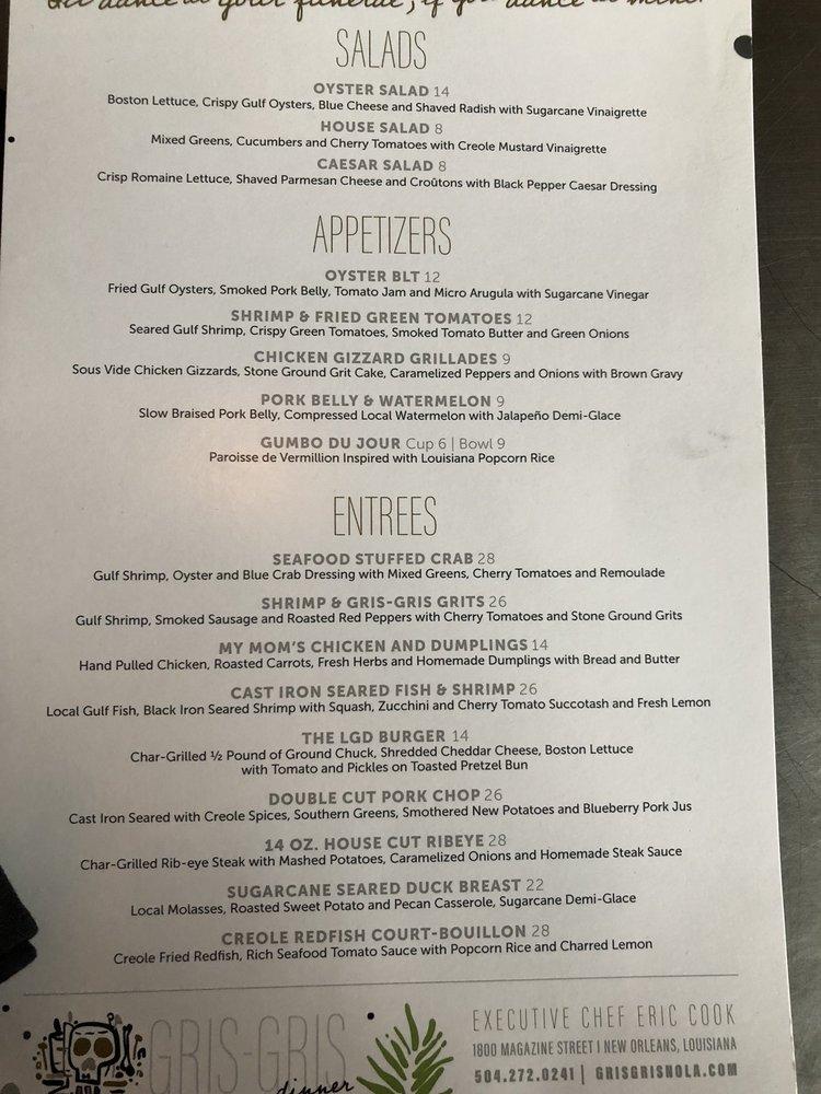 Menu at Gris-Gris restaurant, New Orleans