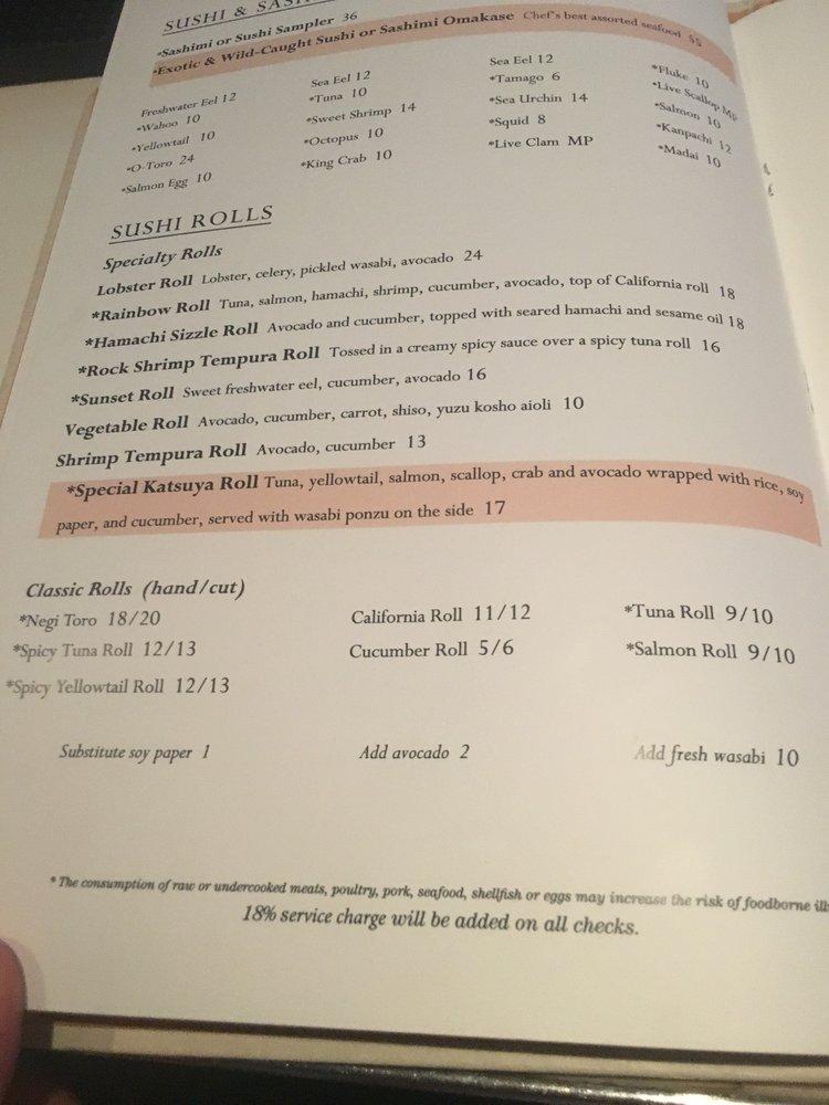 Menu at Katsuya South Beach restaurant, Miami Beach, Collins Ave STE 200