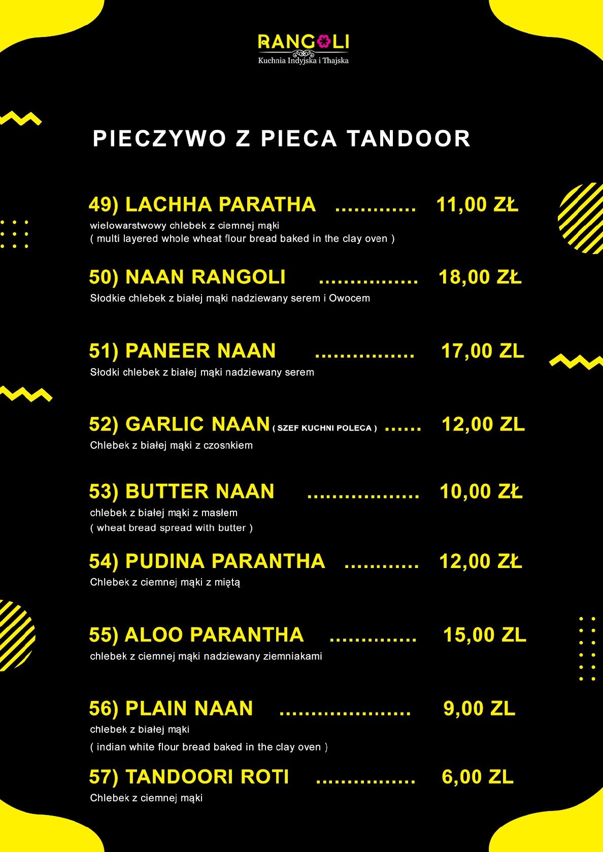 Menu at Rangoli kuchnia Indyjska restaurant, Warsaw