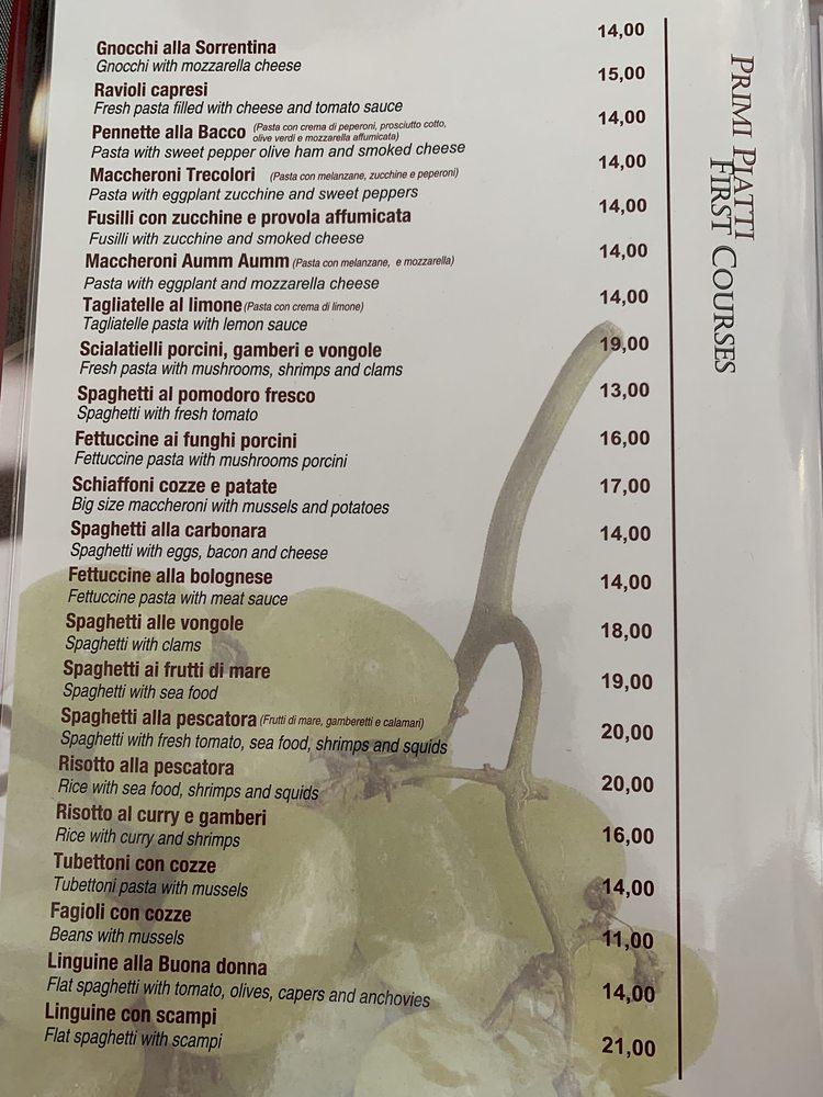 Menu at Ristorante Buca di Bacco, Capri