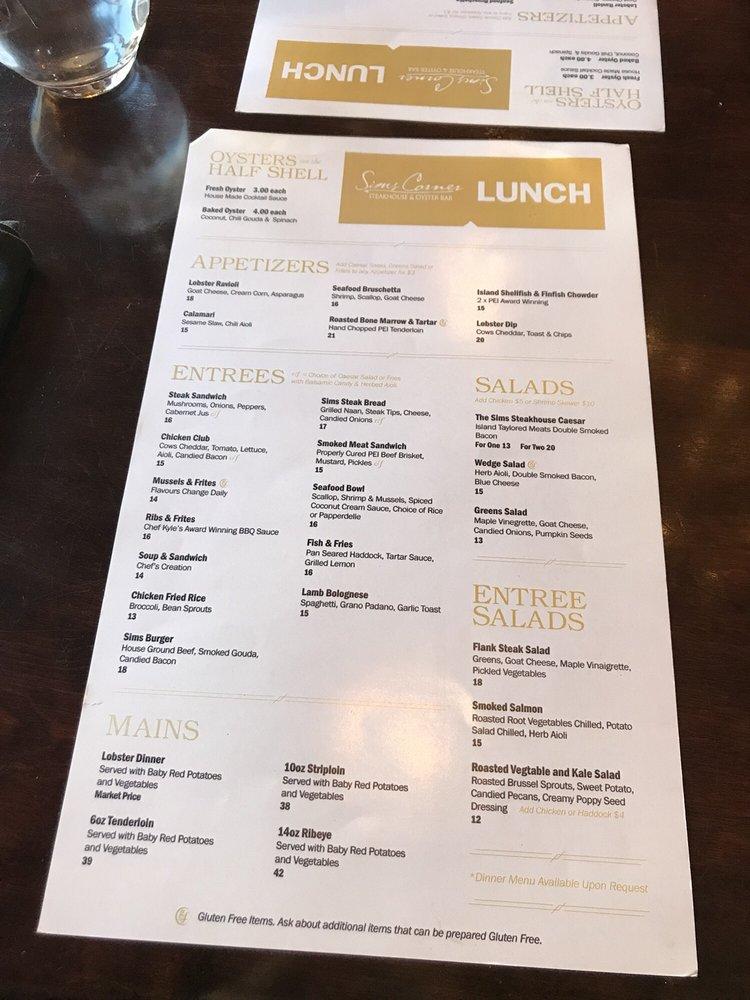 Menu at Sims Corner Steakhouse & Oyster Bar, Charlottetown