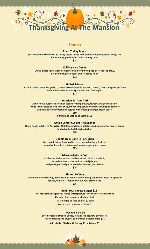 Menu at The Mansion restaurant, Melbourne, E New Haven Ave