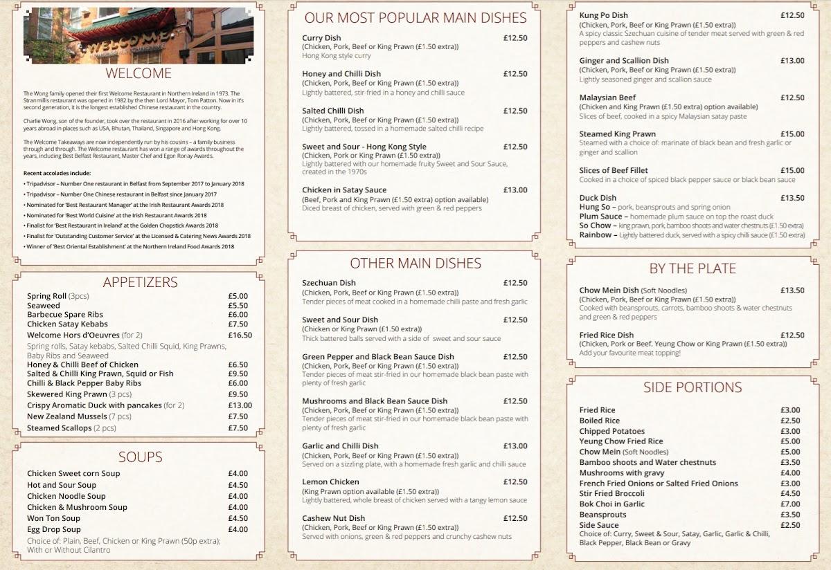 Menu at The Welcome Restaurant, Belfast, 22 Stranmillis Rd