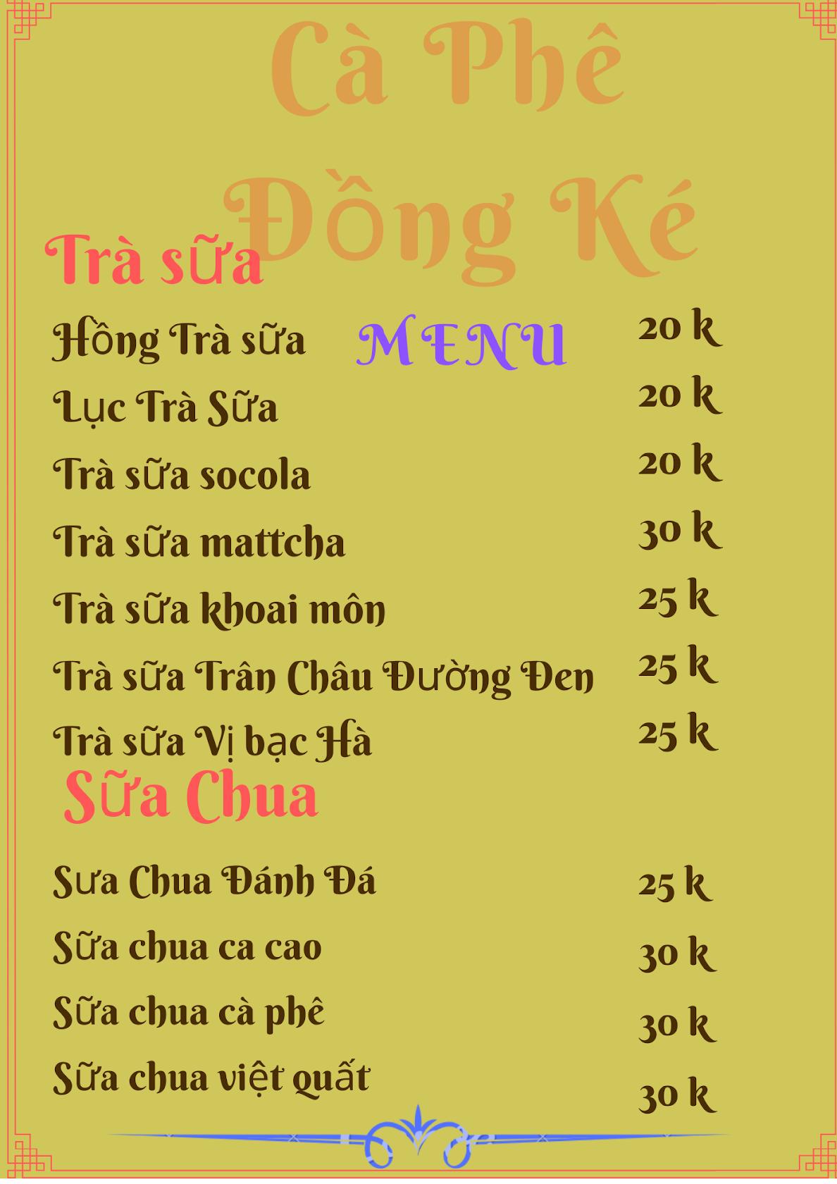 Menu at Cà phê Đồng Ké cafe, Vinh Yen