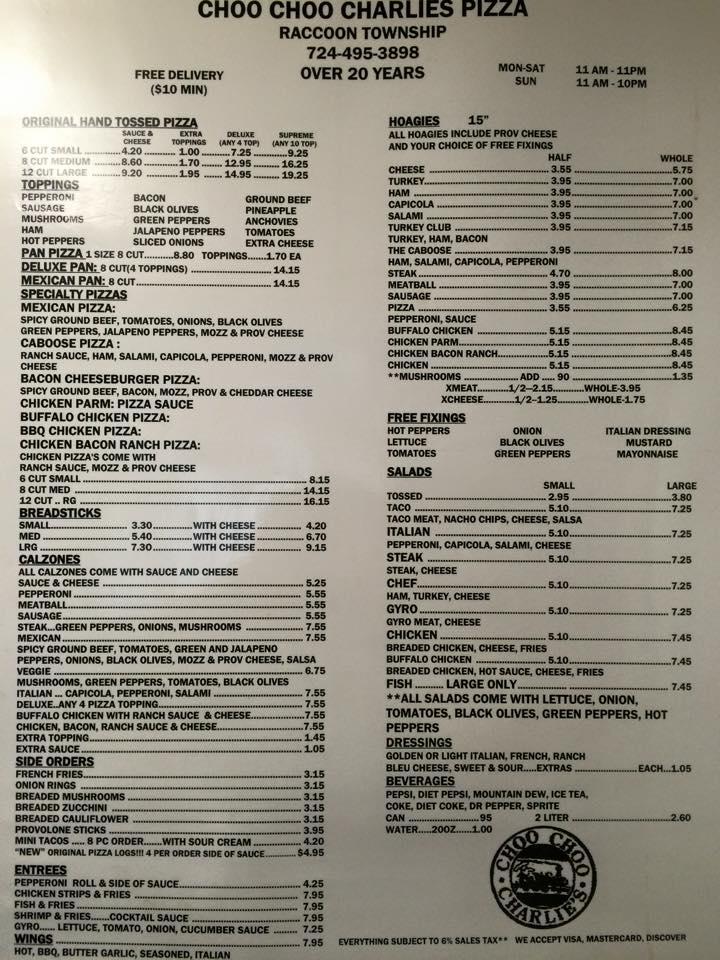 Menu at Choo Choo Charlie's pizzeria, USA