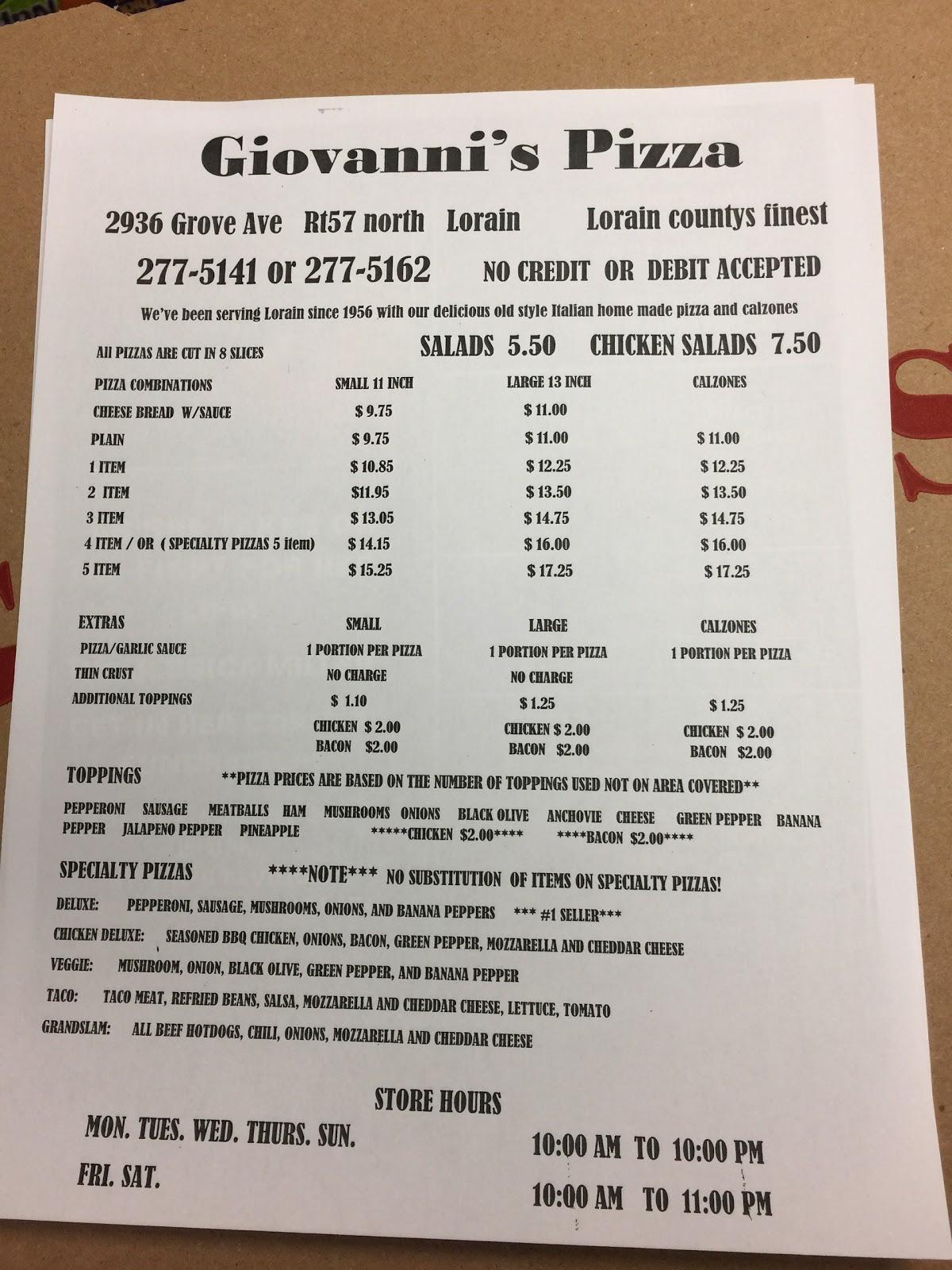 Menu at Giovanni's Pizza pizzeria, Lorain