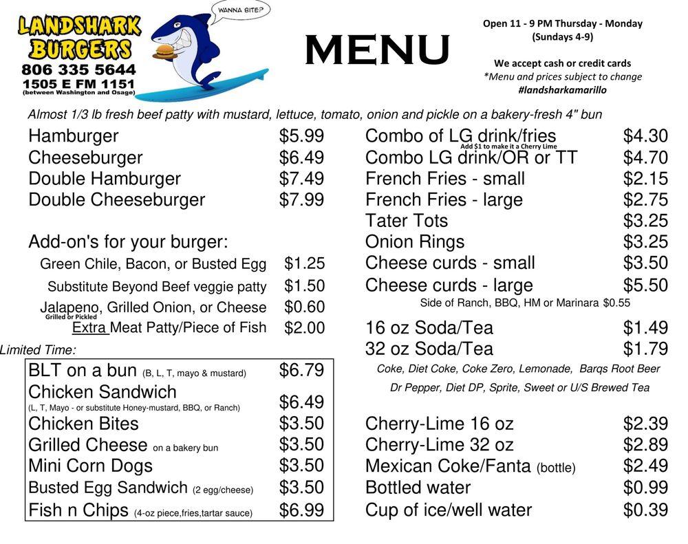 Menu at Shark Beach Burgers pub & bar, Amarillo