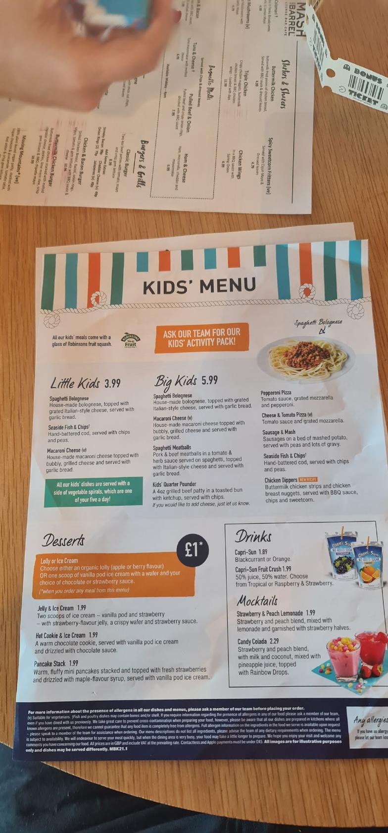 Menu at Mash and Barrel, Exmouth
