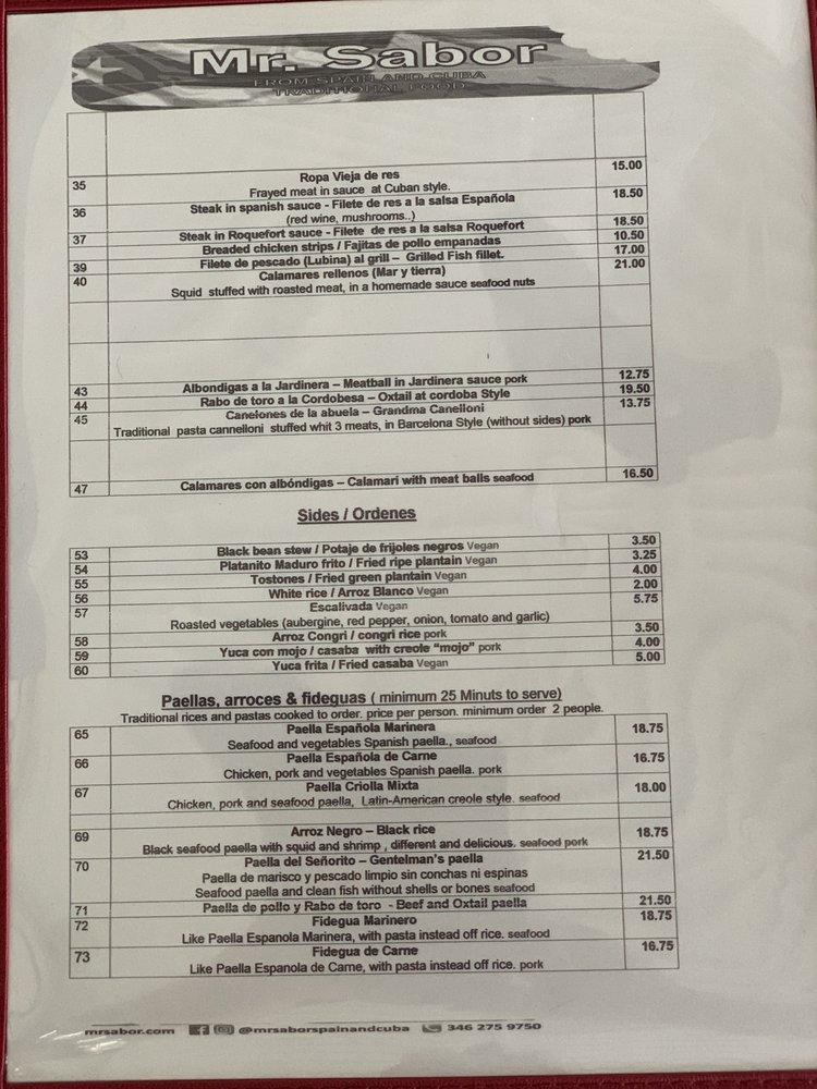 Menu at Mr Sabor from Spain and Cuba restaurant, Webster