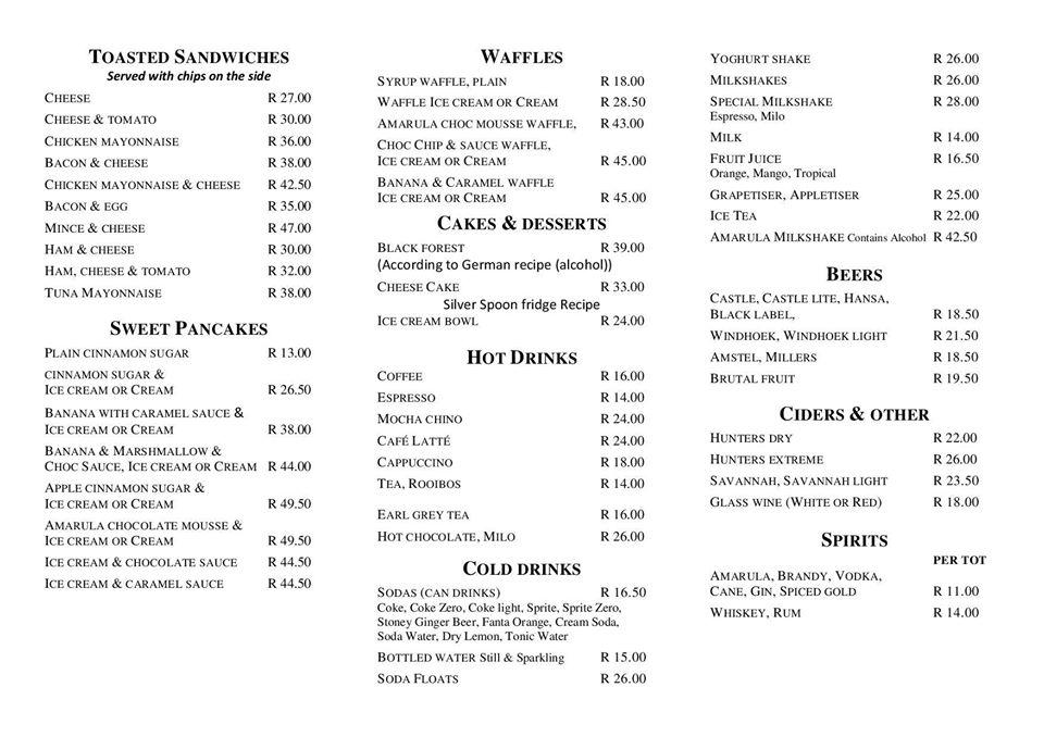 Menu at Silver Spoon The Pancake Place restaurant, Graskop, Louis ...
