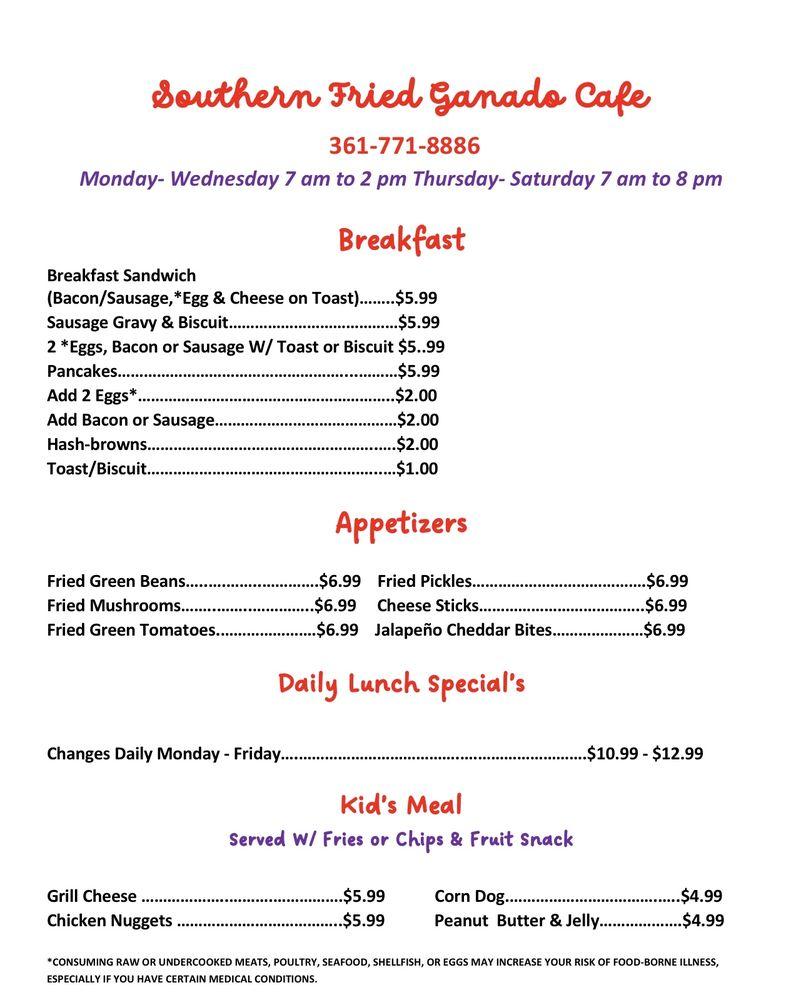 Menu at Southern Fried Ganado Cafe, Ganado