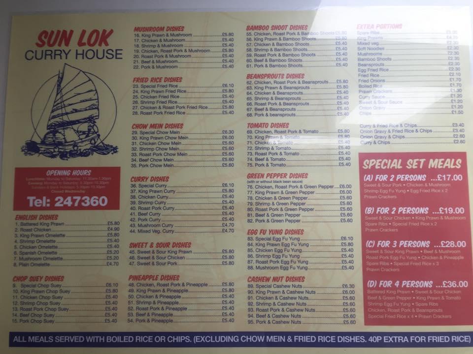 Menu at Sunlok Curry House fast food, Middlesbrough