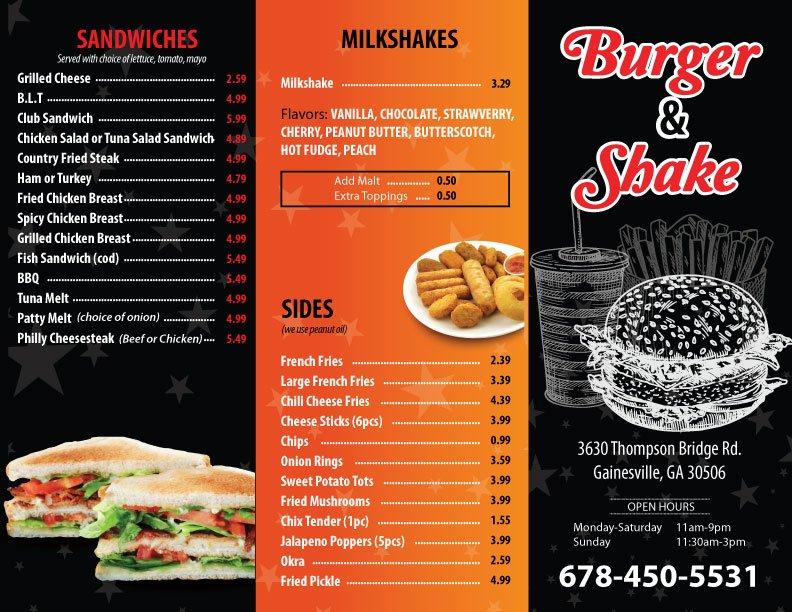 Menu at Burger & Shake restaurant, Gainesville, Thompson Bridge Rd
