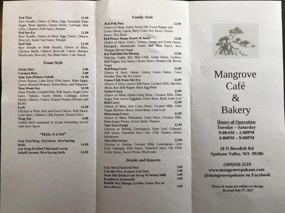 Menu at Mangrove cafe, Spokane Valley