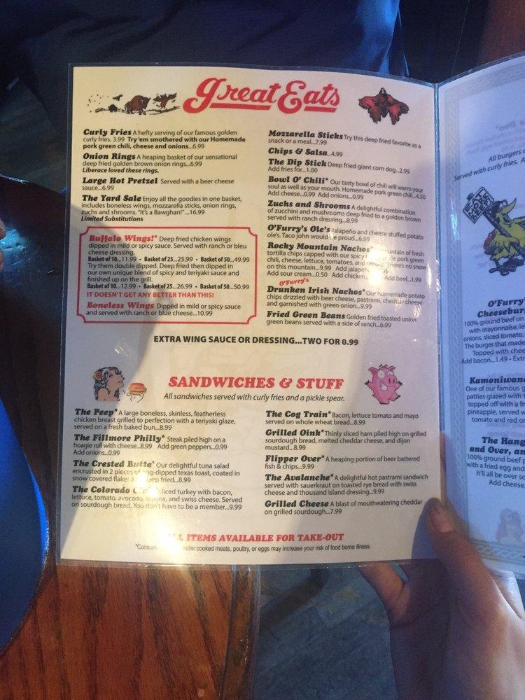 Menu at O'Furry's pub & bar, Colorado Springs