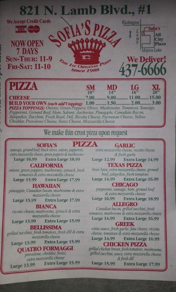 Menu at Sofia's Pizza pizzeria, Las Vegas, 821 N Lamb Blvd #1