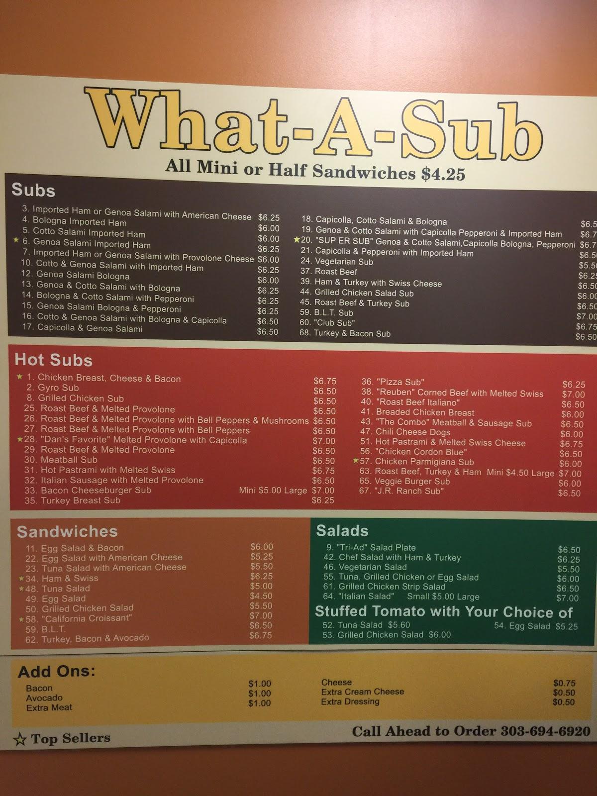 Menu at What a Sub restaurant, Greenwood Village