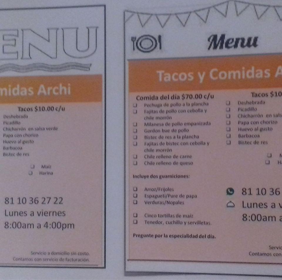 Menu at Archi restaurant, Monterrey