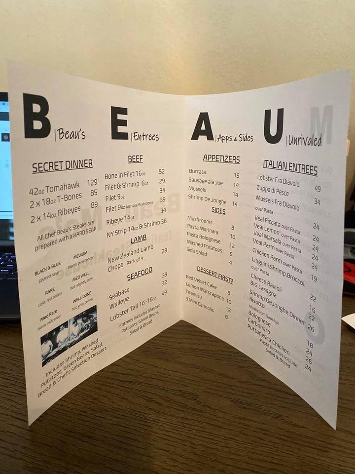 Menu at Beau & Mo's Italian Steakhouse, Saint Petersburg
