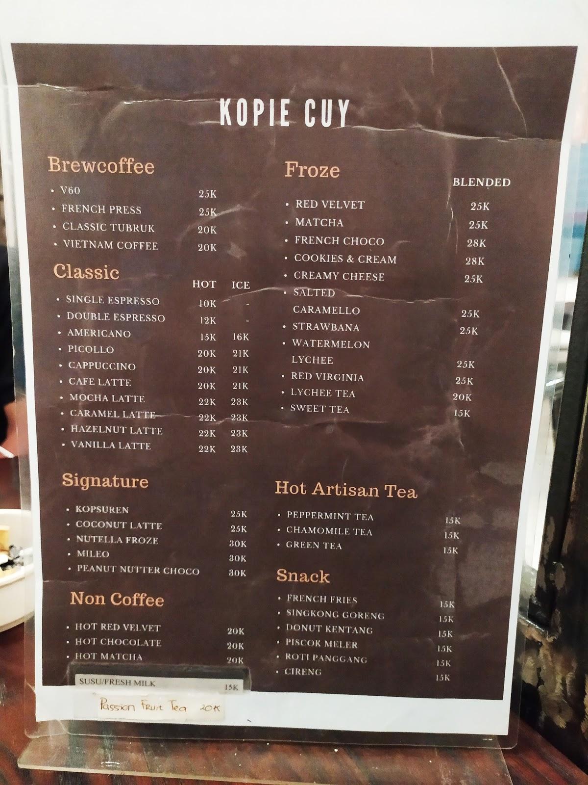 Menu at Kopie Cuy cafe, Tangerang