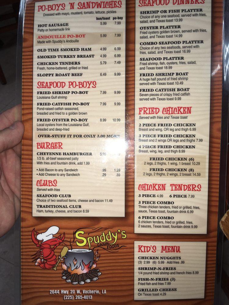 Menu at Spuddy's Cajun Foods restaurant, Vacherie