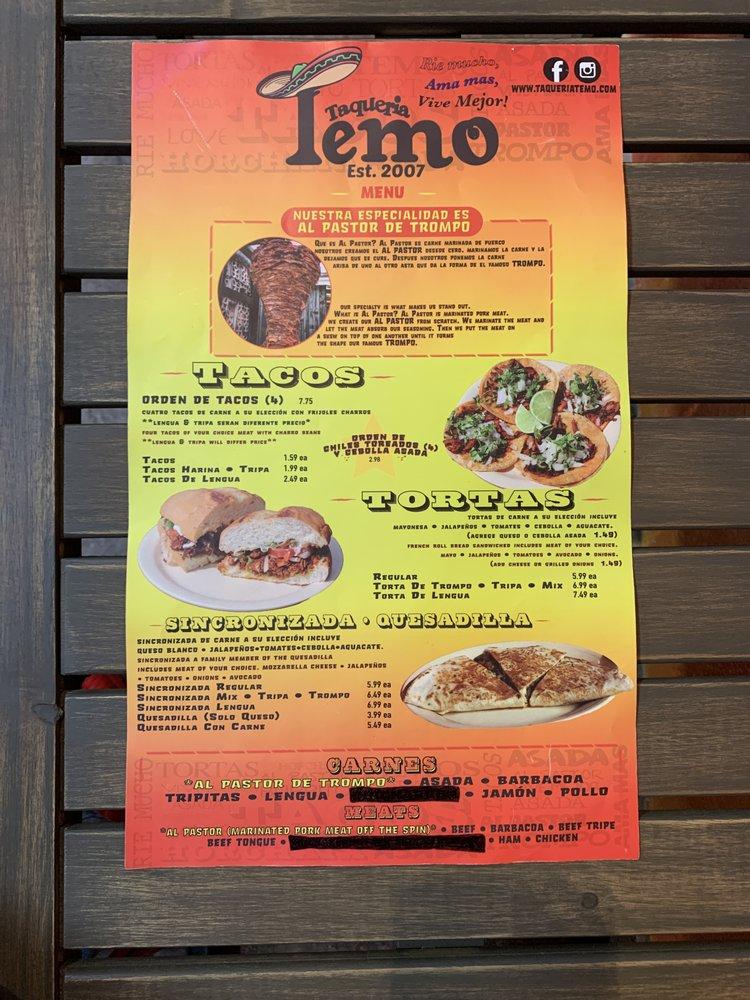Menu at Taqueria Temo restaurant, Haltom City