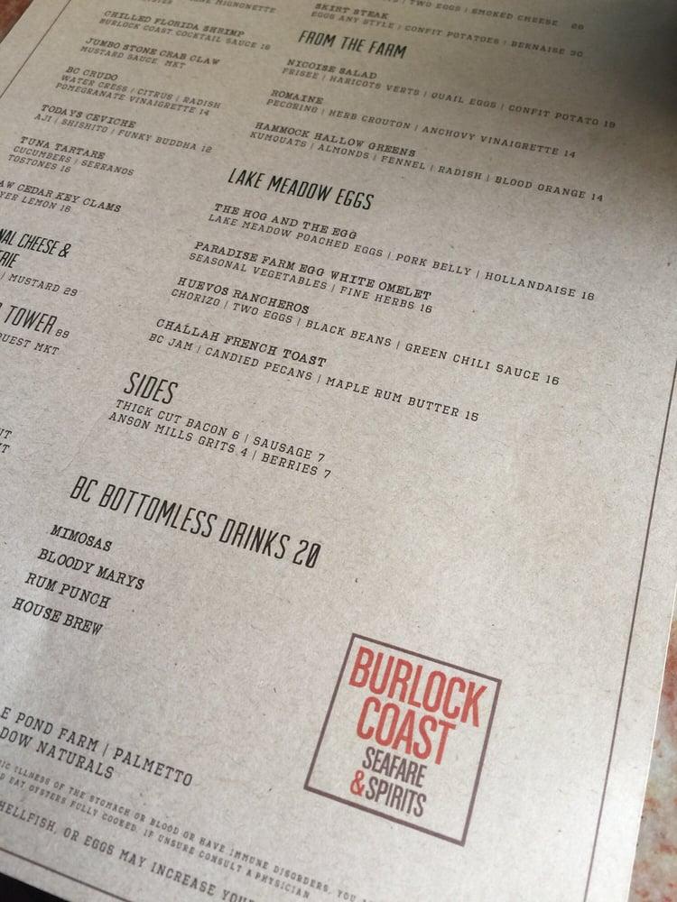 Menu at Burlock Coast restaurant, Fort Lauderdale
