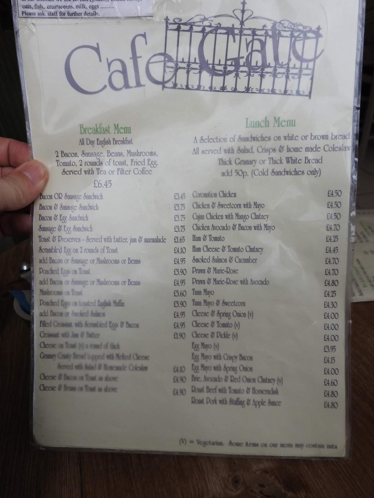 Menu at Cafe Gate, Chester