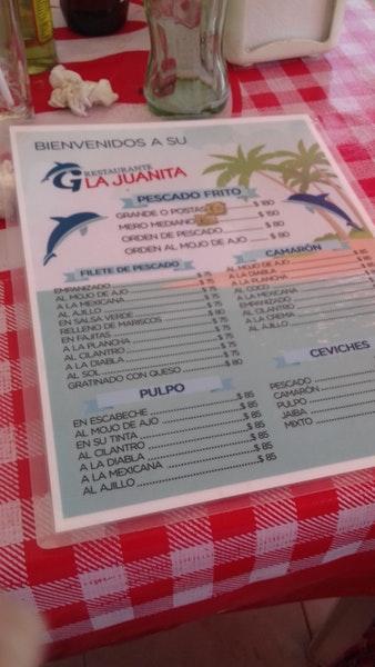 Menu at La Juanita pub & bar, Sisal