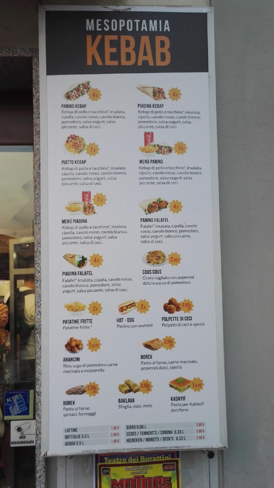 Menu da Mesopotamia Kebap fast food, San Vincenzo