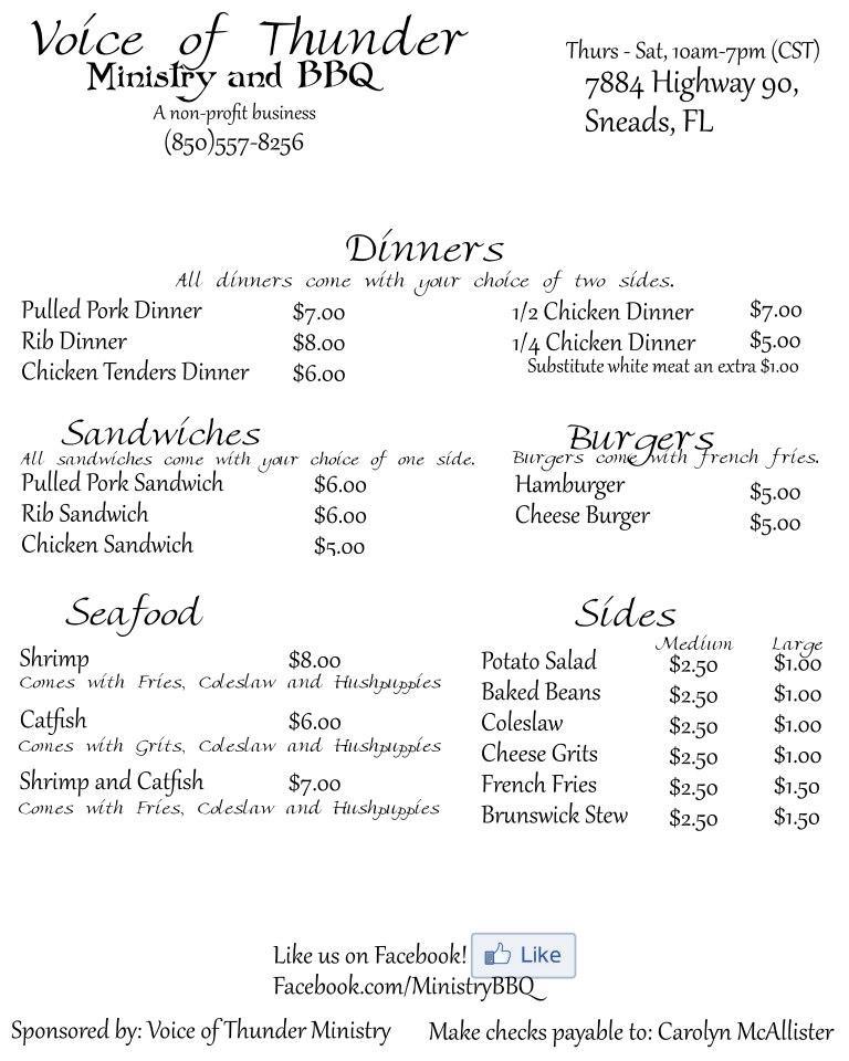 Menu at Ministry and BBQ, Sneads
