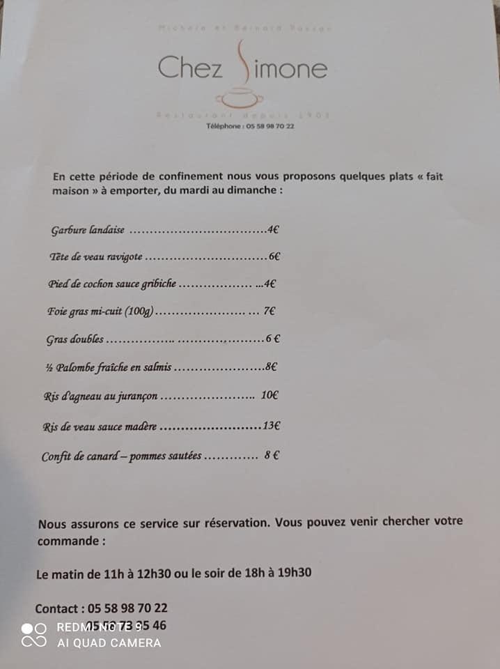 Menu at Restaurant Chez Simone, Bénesse-lès-Dax