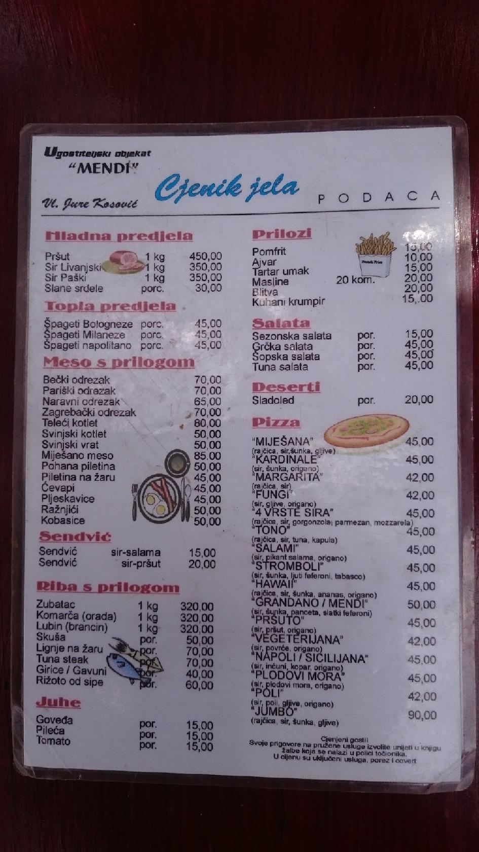 Menu at Restaurant Mendi, Podaca
