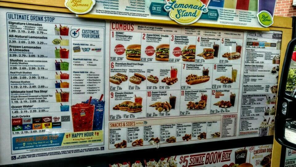 Menu at Sonic Drive-In fast food, Hagerstown, Dual Hwy
