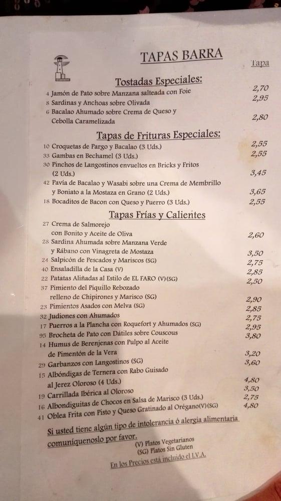 Menu at Restaurante El Faro de Cádiz (Barra de tapeo), Cádiz, C. Venezuela