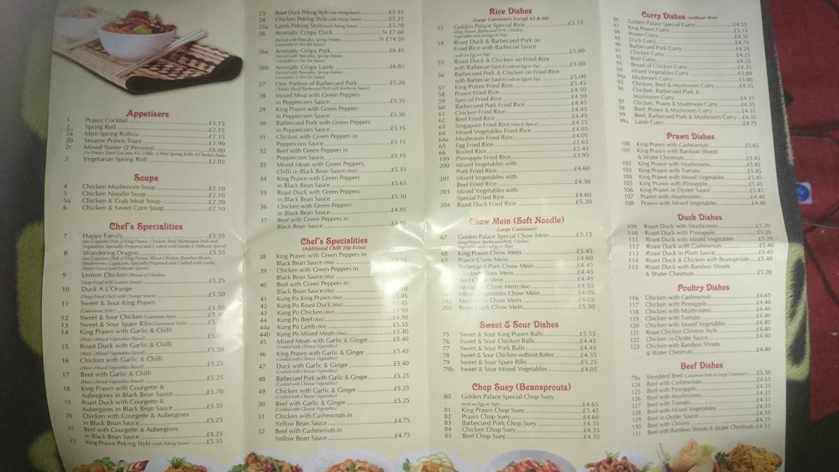 Menu at Golden Palace fast food, Lowestoft